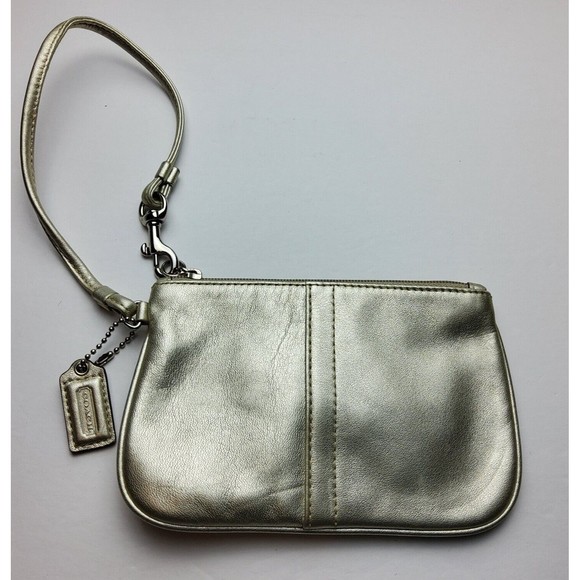 Coach | Bags | Coach Leather Metallic Silver Wristlet Wallet Pouch ...